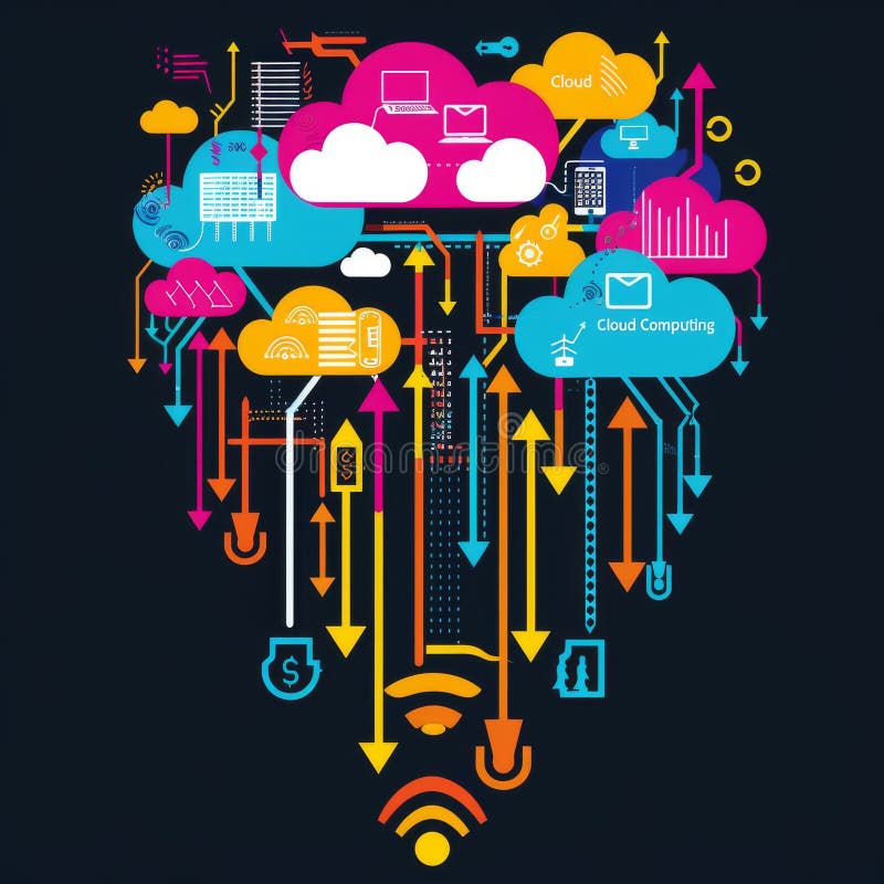 Colorful Cloud Computing Concept on Dark Background Stock Illustration ...