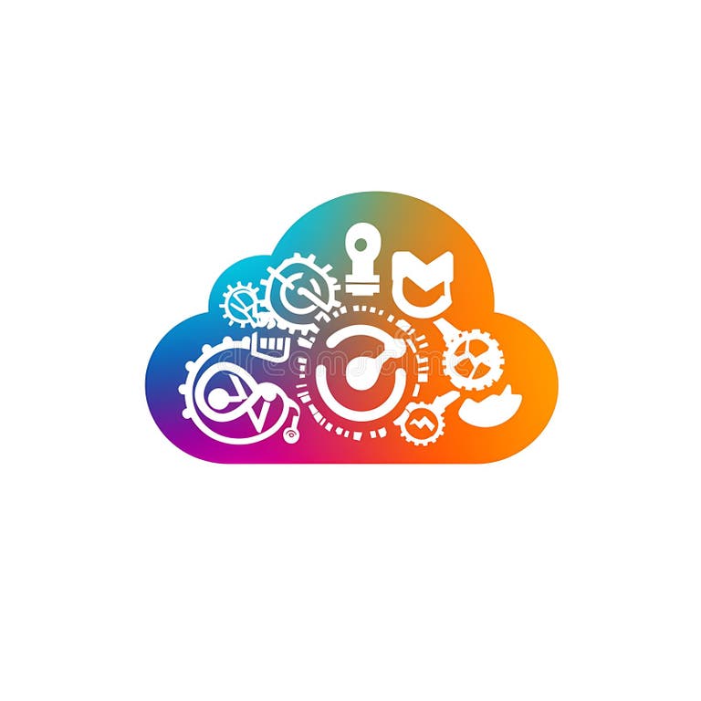 Colorful Cloud Computing Icon with Gears and Technology Symbols Stock ...