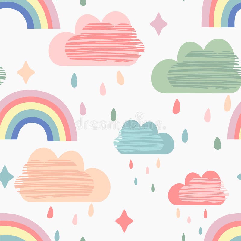 Colorful Cloud Hand Drawn Rainbow and Rain Drop Seamless Pattern Stock ...