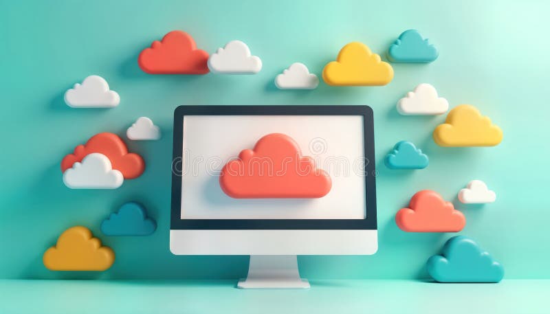 Colorful Cloud Icons Surround Computer Screen Displaying Large Cloud ...