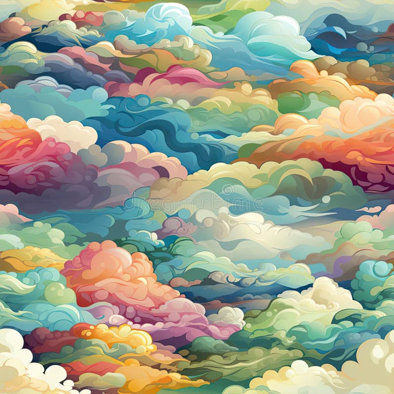 Colorful Cloud Pattern with Dreamlike Landscapes and Fantastical Elements (tiled) Stock ...