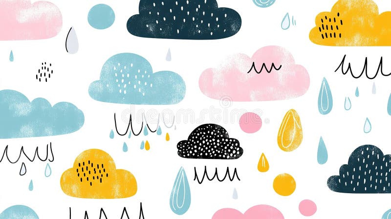 Colorful Cloud Patterns with Rain and Whimsical Elements on a Light ...