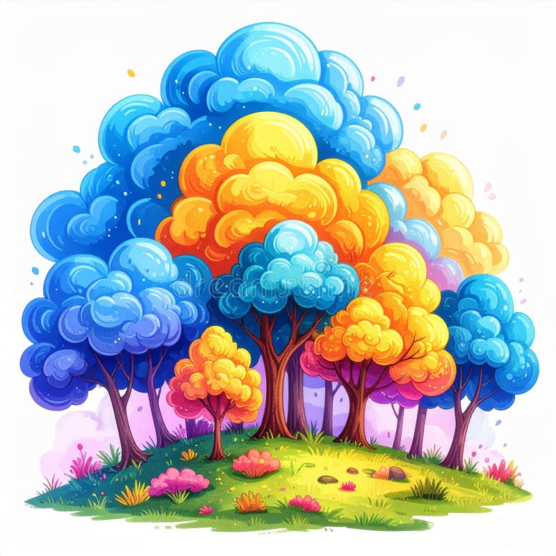 Colorful Cloud-Shaped Trees on a Hill Stock Illustration - Illustration ...