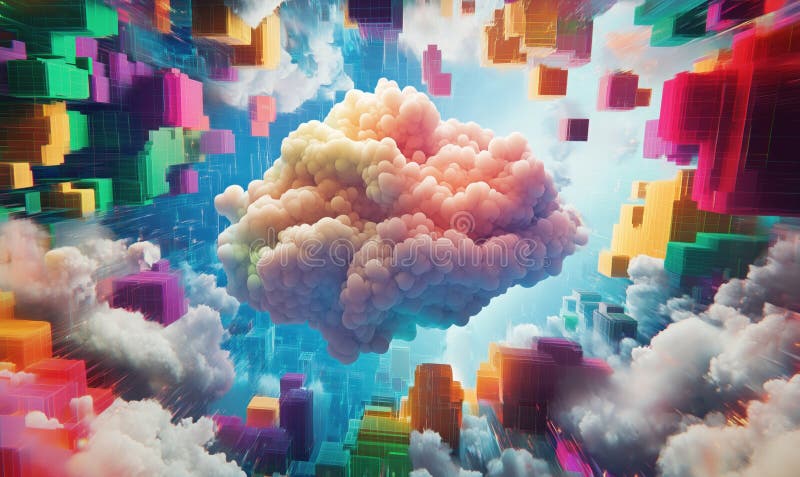 Colorful Cloud Surrounded by Vibrant 3D Cubes in a Surreal Digital ...