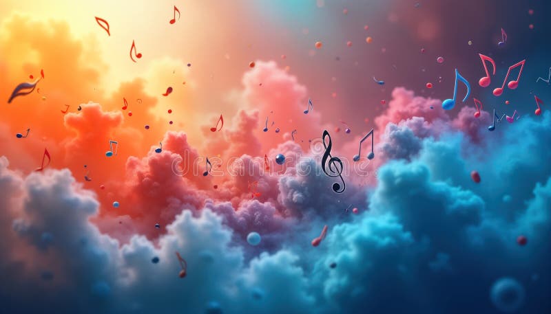 Colorful Clouds Fill Sky. Musical Notes Float Amidst Fluffy Clouds ...