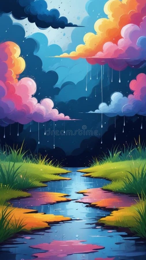 Colorful Clouds with Rain Drops Over a Path Stock Illustration ...