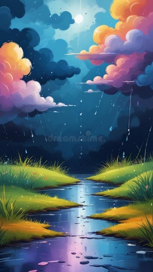 Colorful Clouds with Rain Drops Over a Path Stock Illustration ...