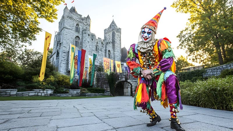 A Colorful Clown Poses in Front of a Medieval-style Castle with Banners ...