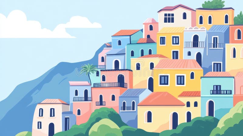 Colorful Coastal Town Illustration with Mountain Backdrop Stock Image ...
