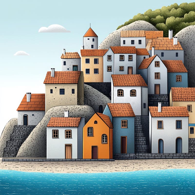 Colorful Coastal Village by the Sea Stock Illustration - Illustration ...