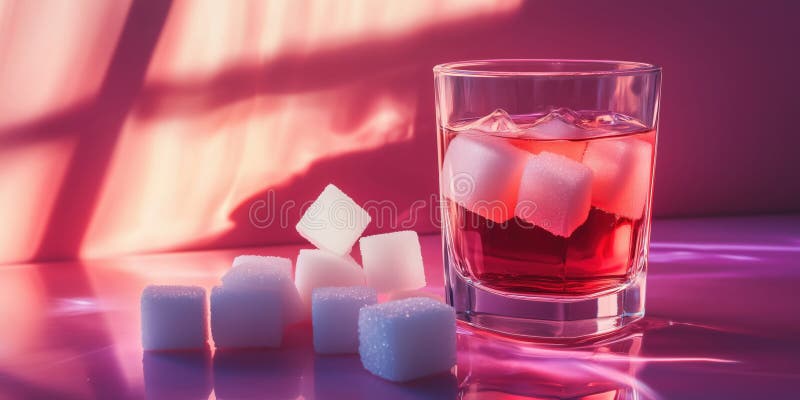 Colorful Cocktail with Ice Cubes and Sugar Cubes on Reflective Surface ...