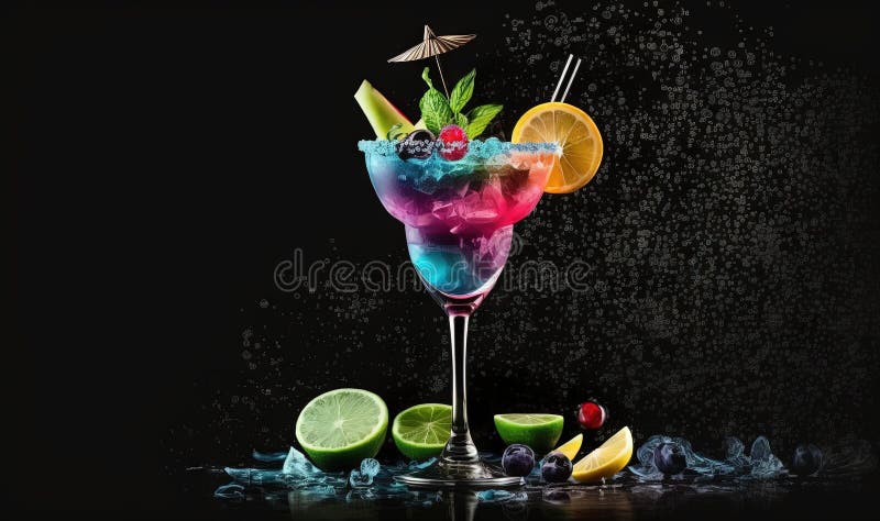 A Colorful Cocktail with Limes, Blueberries, and Cherries Stock ...
