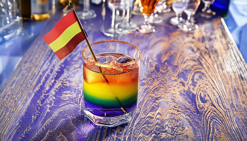 Colorful Cocktail with Rainbow Flag in a Vibrant Bar Setting Stock ...