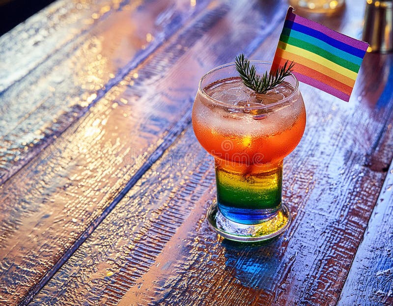 Colorful Cocktail with Rainbow Flag in a Vibrant Bar Setting Stock ...