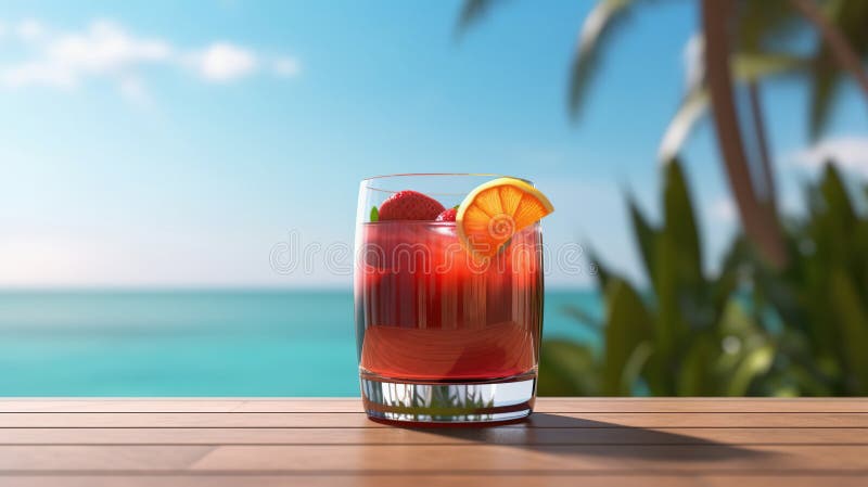 Colorful Cocktail on Wooden Table with Ocean Backdrop with Fruit Stock ...