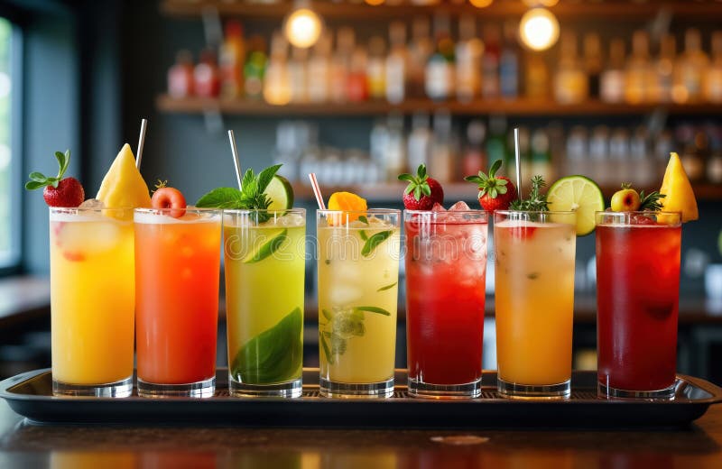 Colorful Cocktails on Bar Counter. Different Drinks with Fresh Fruit ...