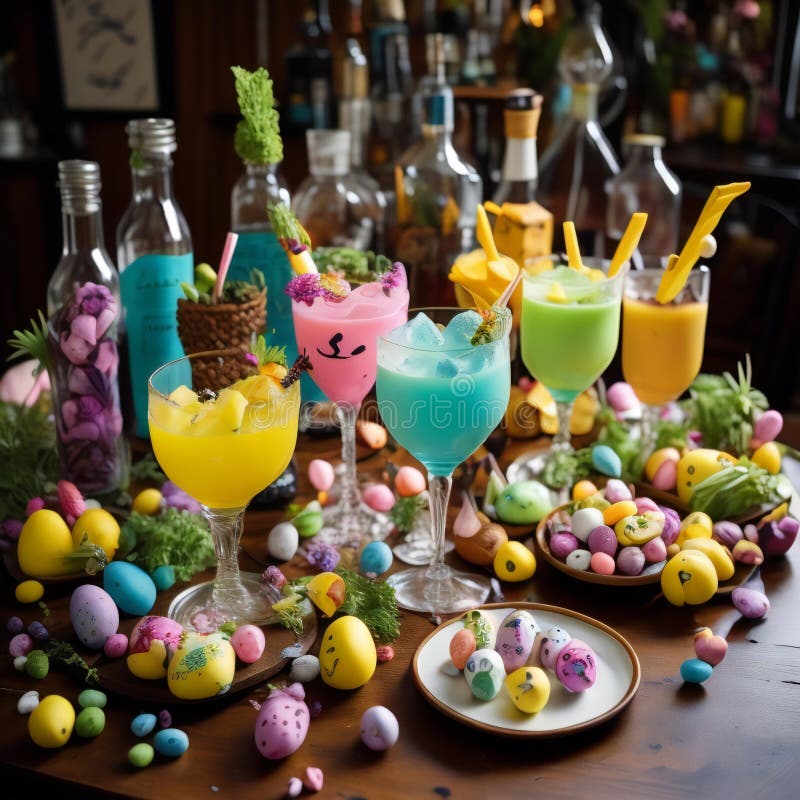 Colorful Cocktails and Easter Eggs on a Wooden Table in Restaurant ...
