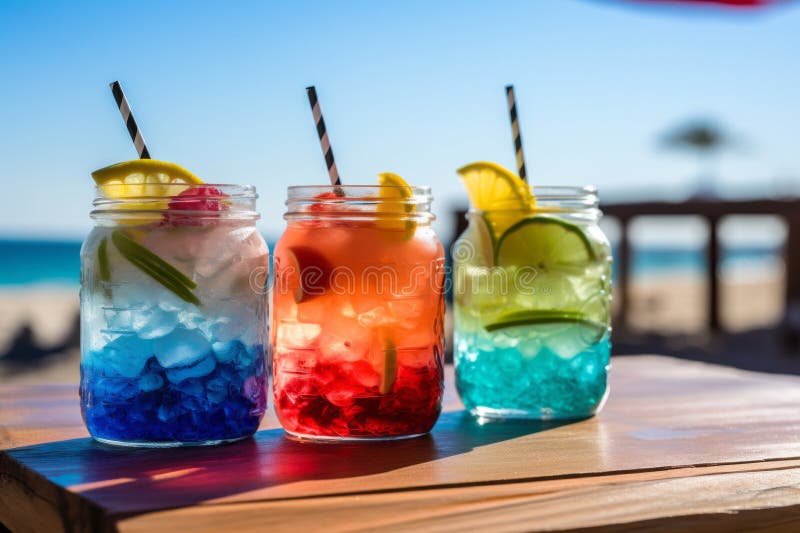 Colorful Cocktails in Jar with Ice on the Beach Bar Table Close-up ...