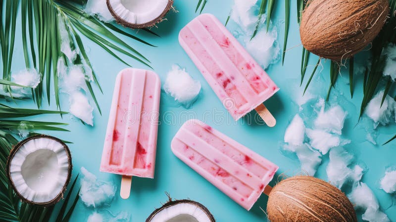 Colorful Coconut and Strawberry Popsicles Surrounded by Tropical ...