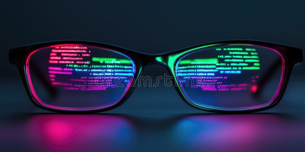 Colorful Code Reflections on Glasses Representing Technology and ...