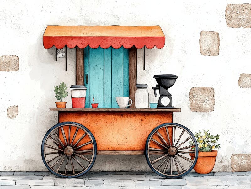 Colorful Coffee Cart with Wheels and Plants Stock Illustration ...