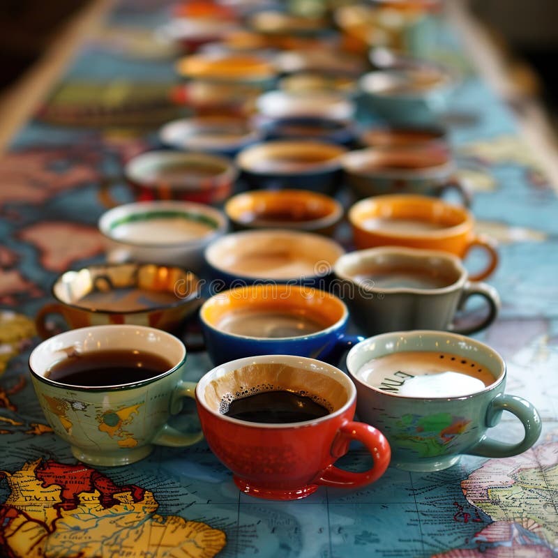 Colorful Coffee Cups Arranged on a World Map Stock Illustration ...