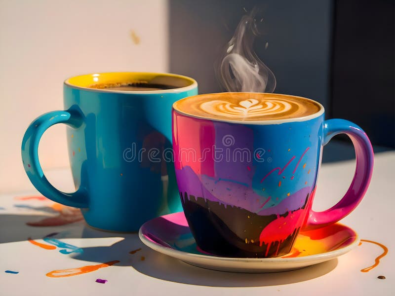 Colorful Coffee Cups. Two Colorful Ceramic Coffee Cups Rest on a ...