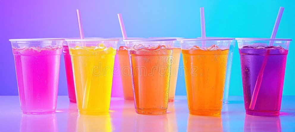 Colorful Cold Drinks with Ice and Straws on Gradient Background Stock ...