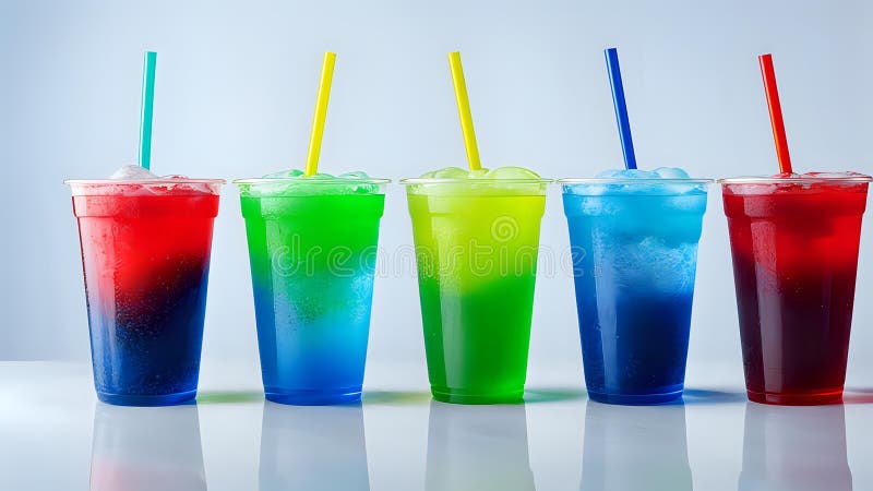 Colorful Cold Slush Drinks in Plastic Cups. Vibrant and Icy Refreshing ...