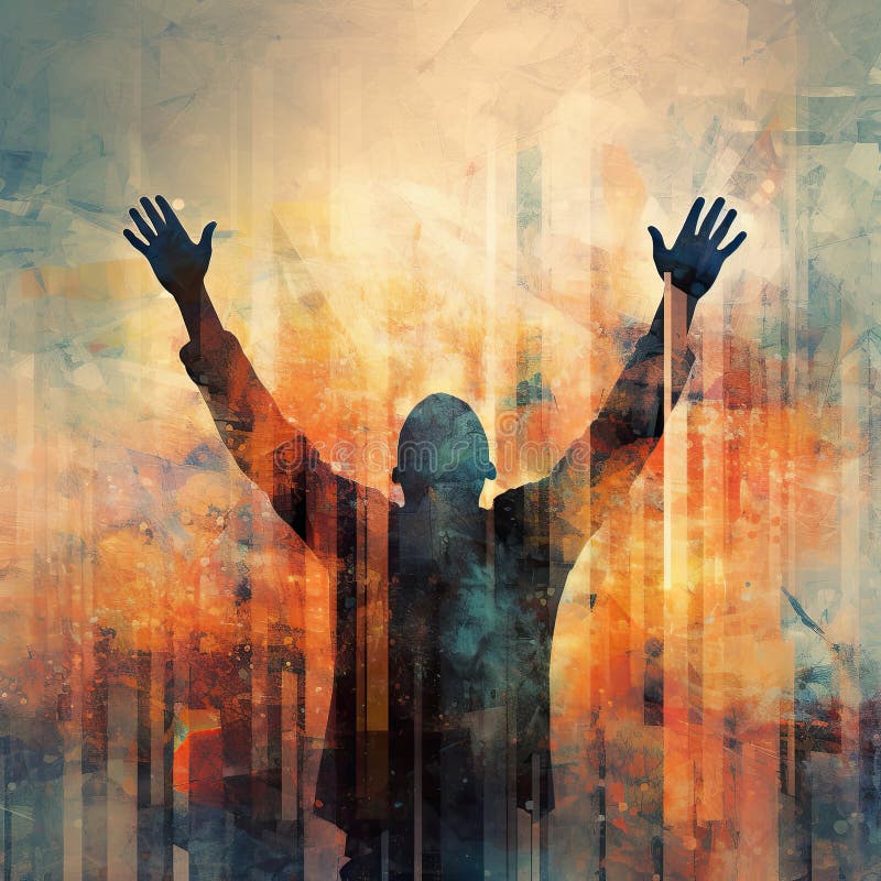 Colorful Collage Artwork of a Man Raising Hands in Worship Stock ...