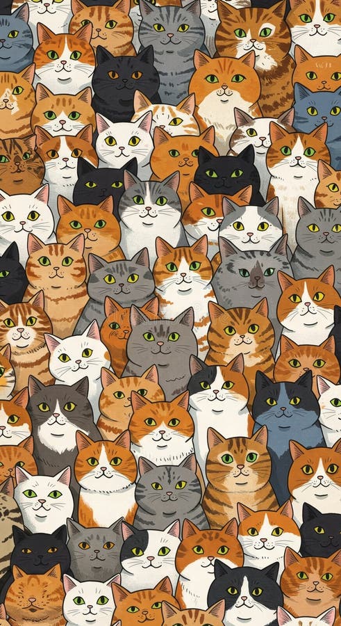 Colorful Collage of Cute Cats with Diverse Facial Expressions and ...