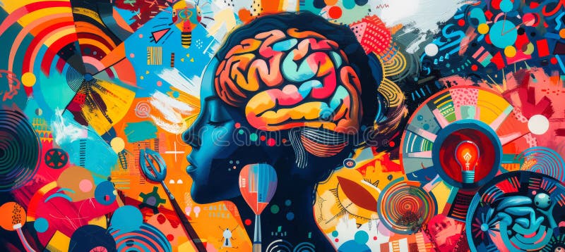 A Colorful Collage Depicting a Head with a Brightly Painted Brain ...