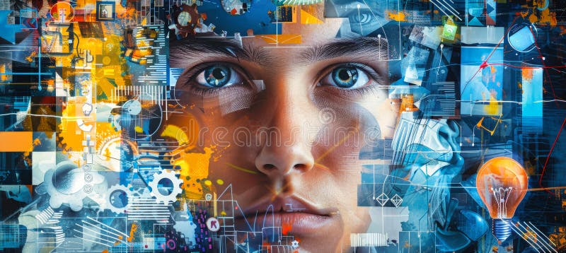 A Colorful Collage Featuring a Human Face with Various Digital Elements ...
