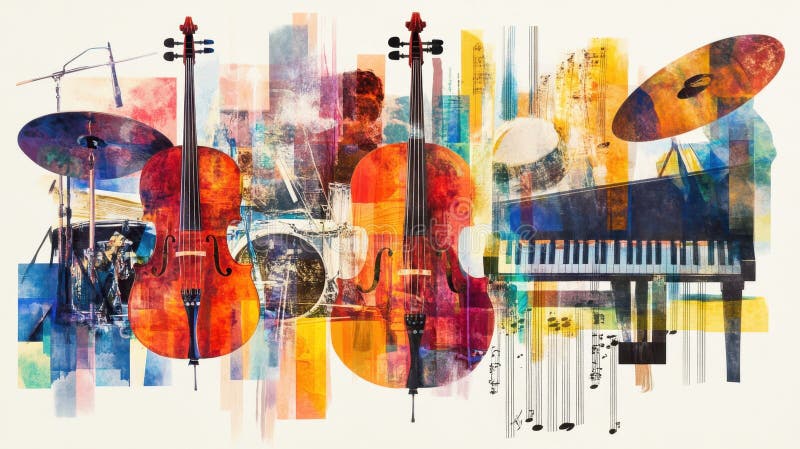 A Colorful Collage of Musical Instruments, Including Cellos, a Drum Set ...