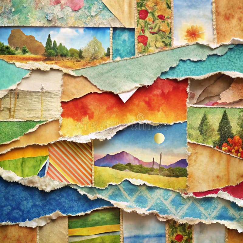 Colorful Collage of Torn Paper with Landscapes and Patterns Stock ...