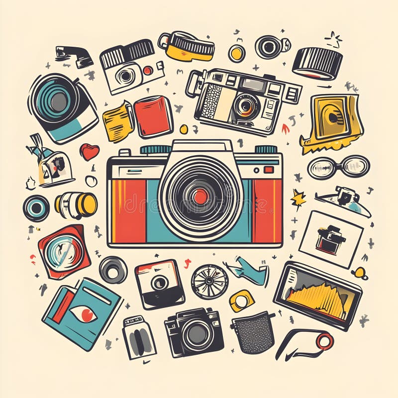 A Colorful Collage of Various Cameras and Photography-related Items ...