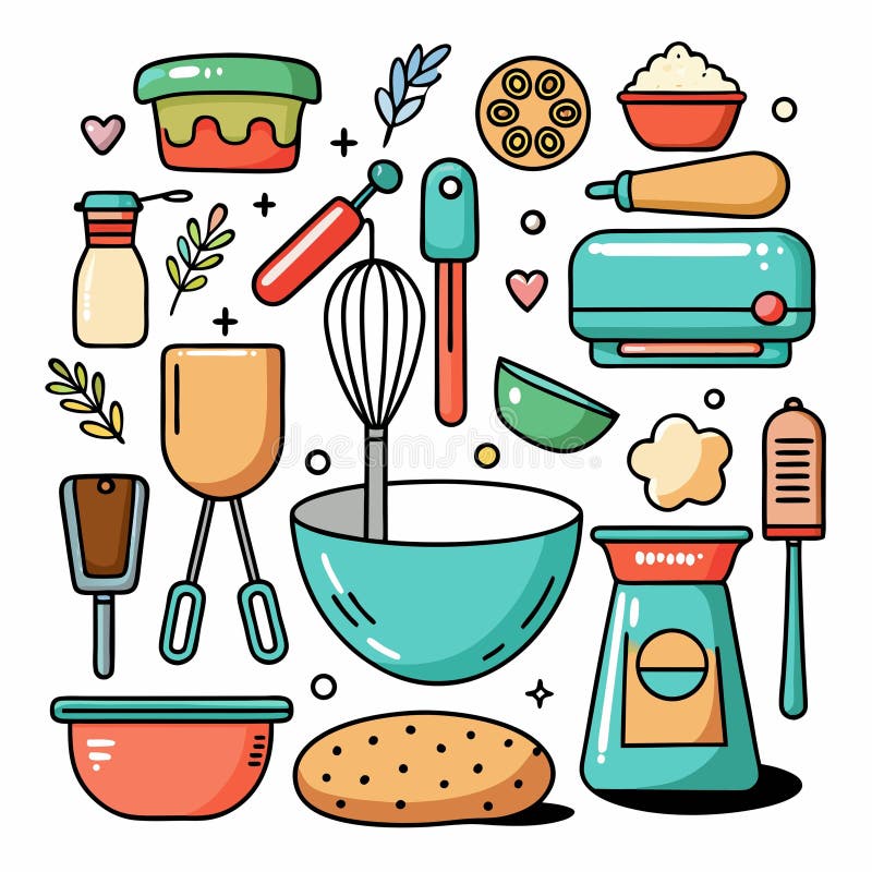 Colorful Collection of Baking and Cooking Tools and Ingredients Stock ...