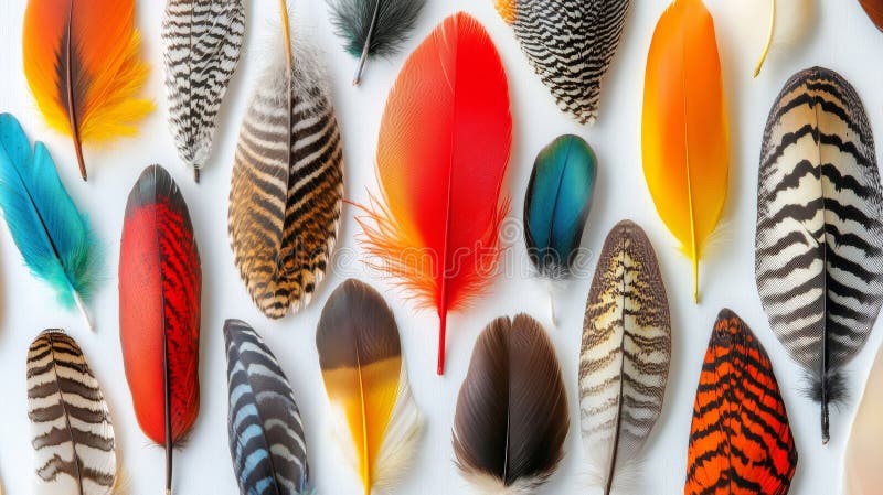 Colorful Collection of Bird Feathers Displayed on a White Background ...