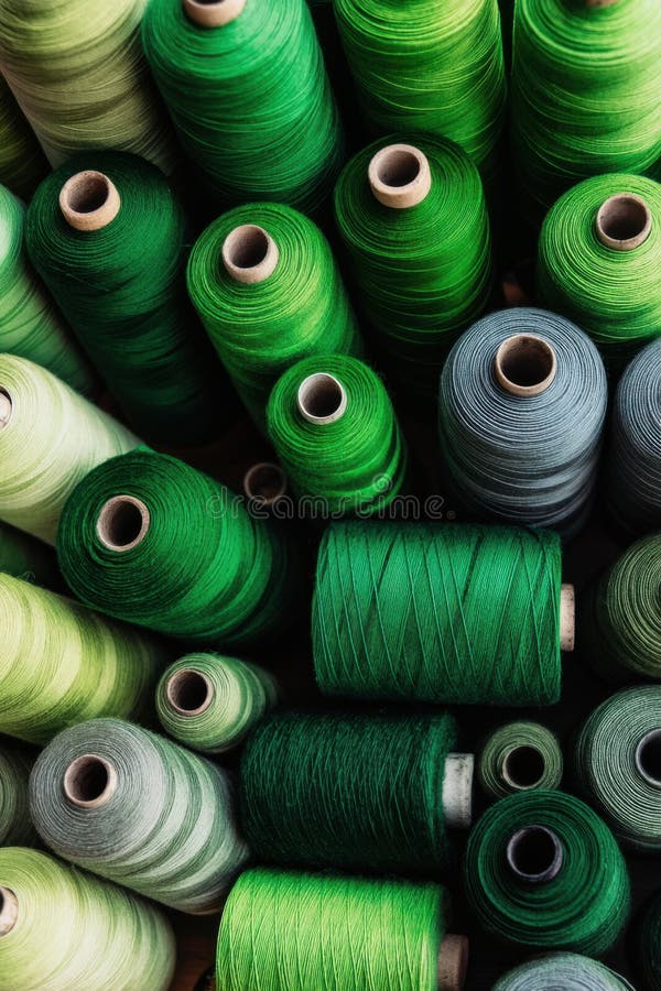 Colorful Collection of Green Sewing Threads Arranged Neatly in Various ...