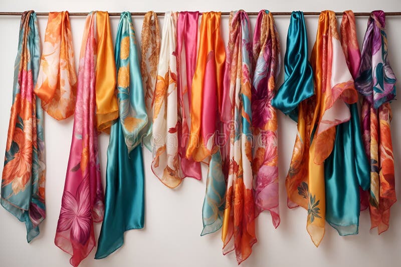 A Colorful Collection of Hand-painted Silk Scarves, Displayed Against a ...