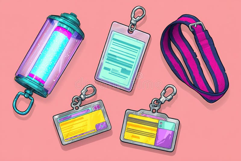 Colorful Collection of Identification Badges and a Glowing Accessory on ...