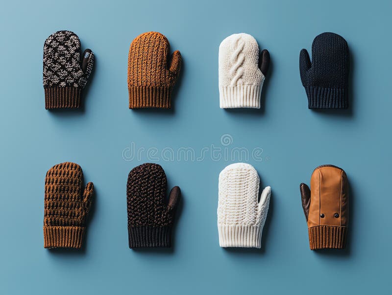 Colorful Collection of Knitted Mittens on a Blue Background Stock ...