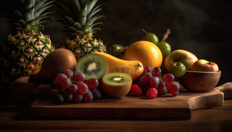 A Colorful Collection of Ripe Fruit on a Wooden Table Generated by AI ...
