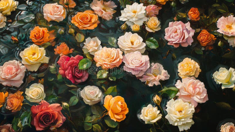 A Colorful Collection of Roses Floating on Dark Water Stock ...