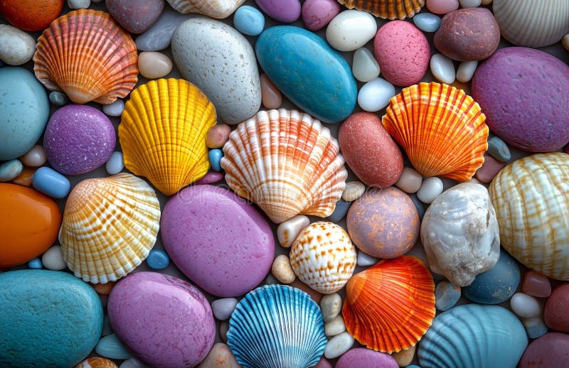 Colorful Collection of Shells and Stones Arranged Beautifully on a ...