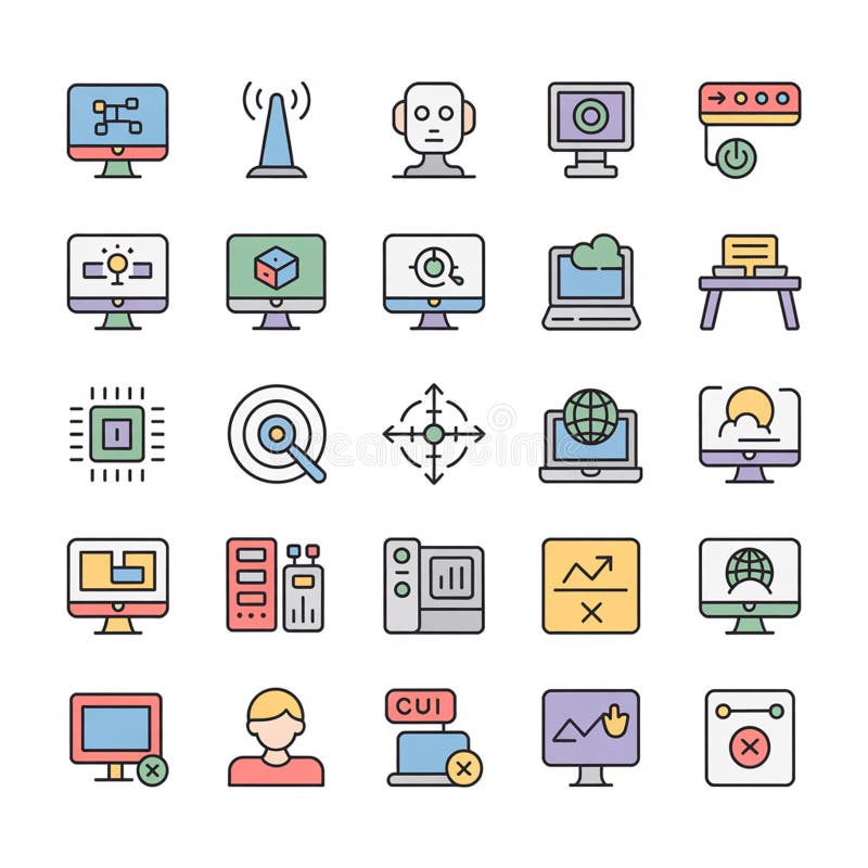 Colorful Collection of Thirty Computer Technology Icons Depicting ...