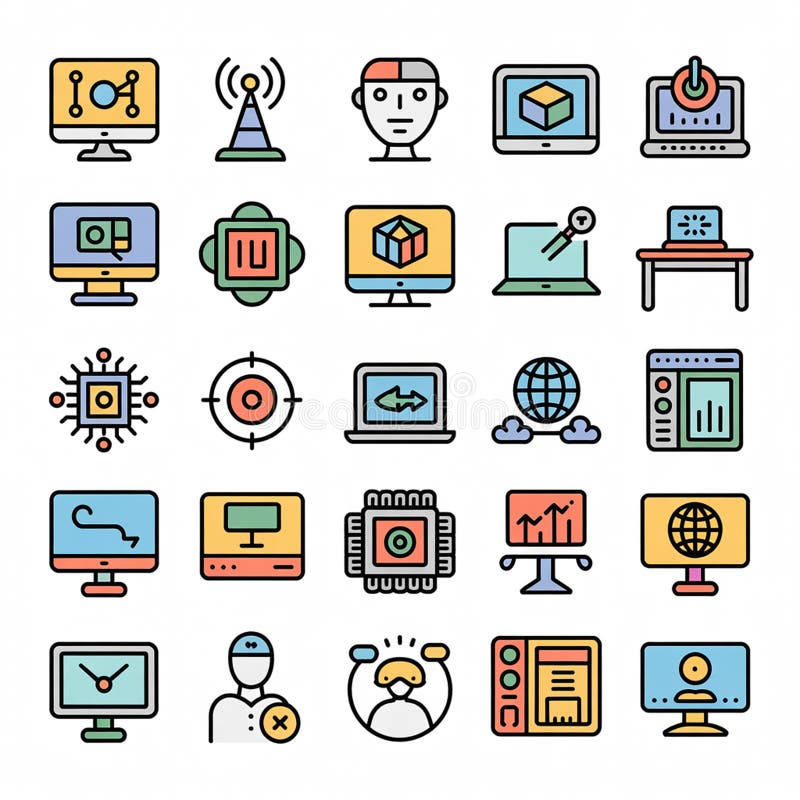 Colorful Collection of Thirty Computer Technology Icons Featuring ...