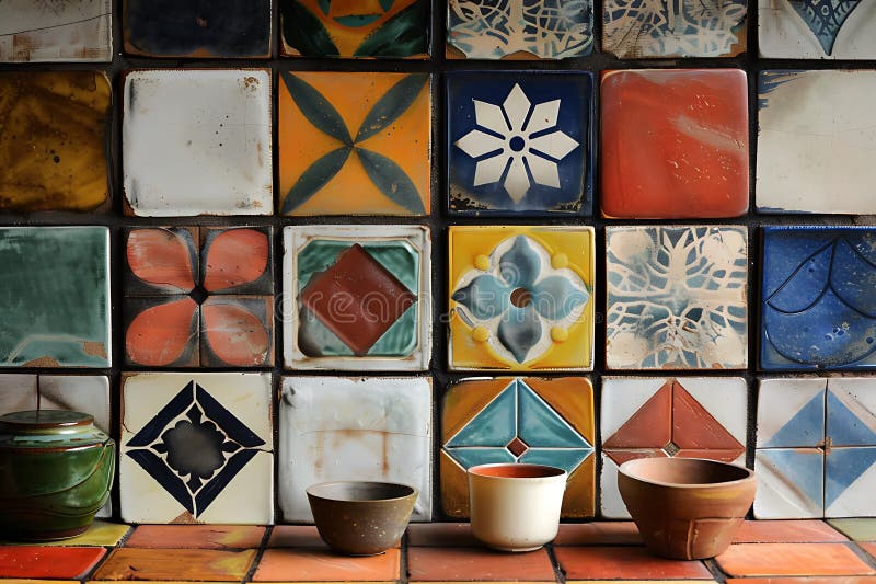 A Colorful Collection of Vintage Ceramic Tiles and Pottery Stock ...
