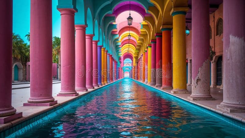 Colorful Colonnade Reflecting on Water Surface Stock Illustration ...