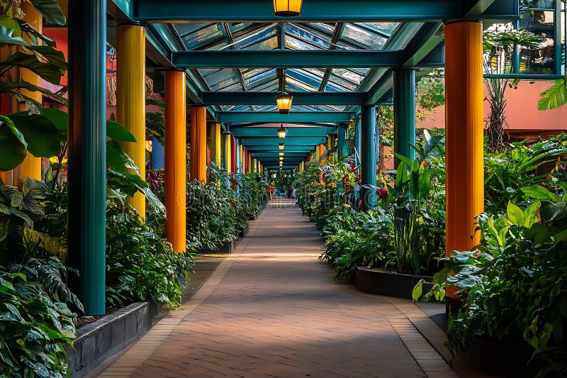 Colorful Columns and Green Plants Create a Serene Passageway Stock ...